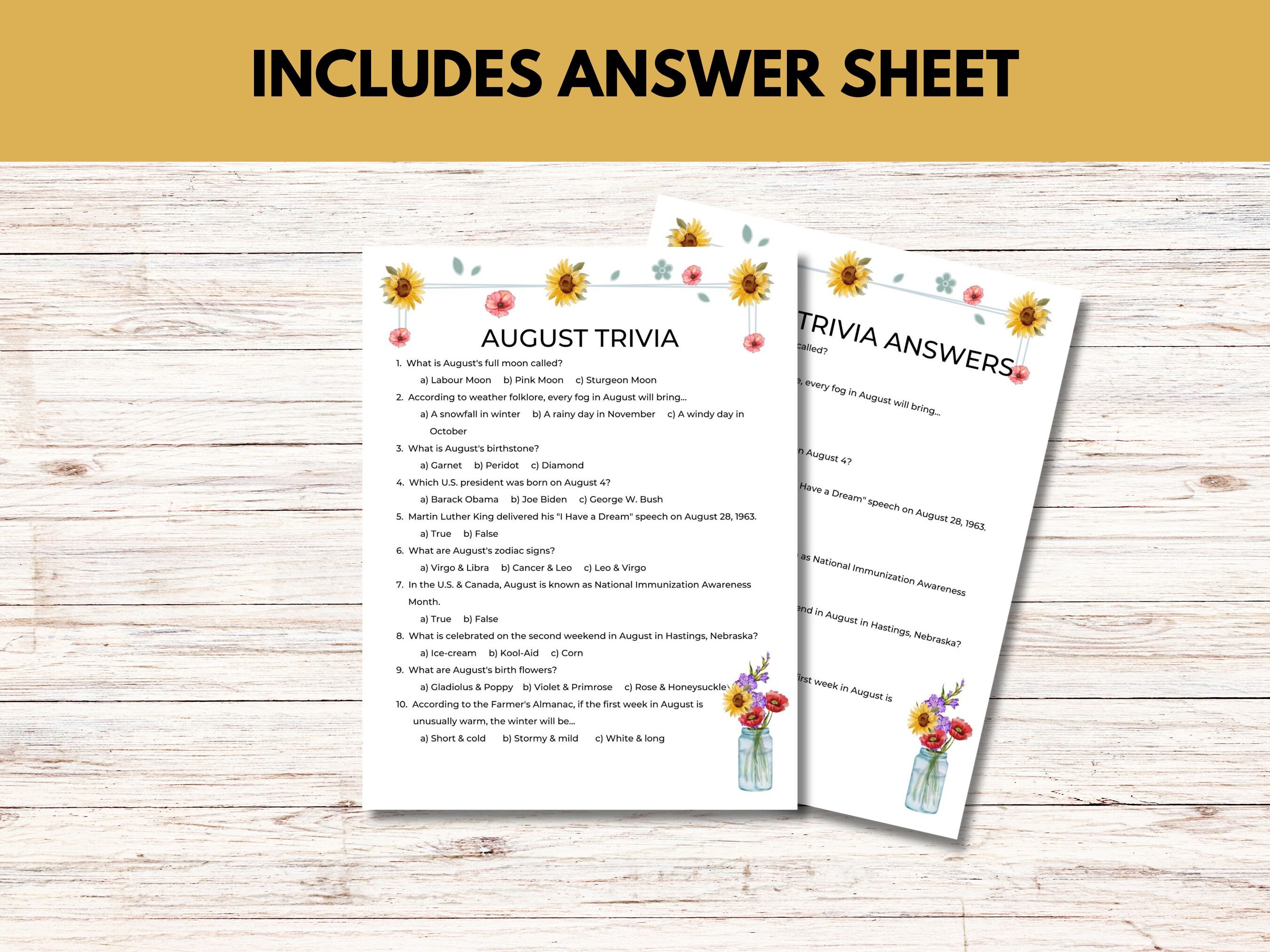August Trivia Game Printable, Summer Puzzle, August Memorabilia - Etsy