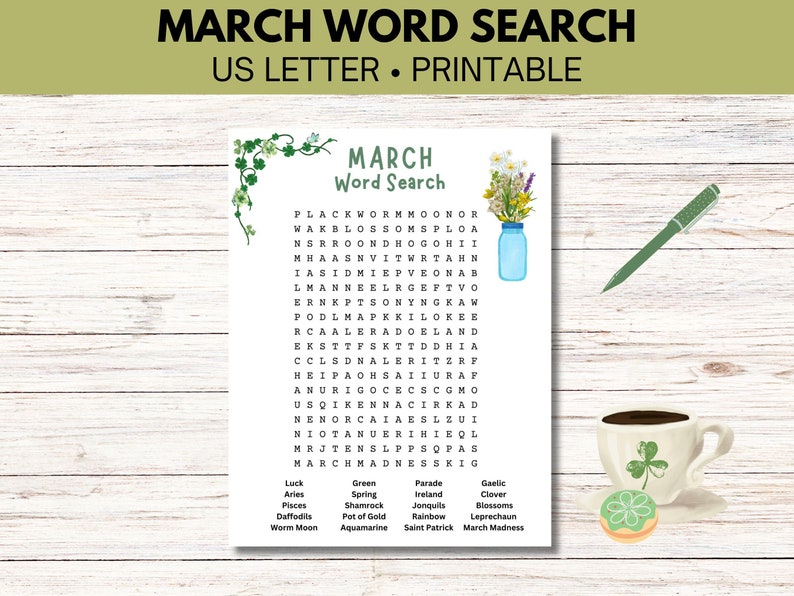 March Word Search Printable, Spring Word Find, Saint Patrick's Day Word ...