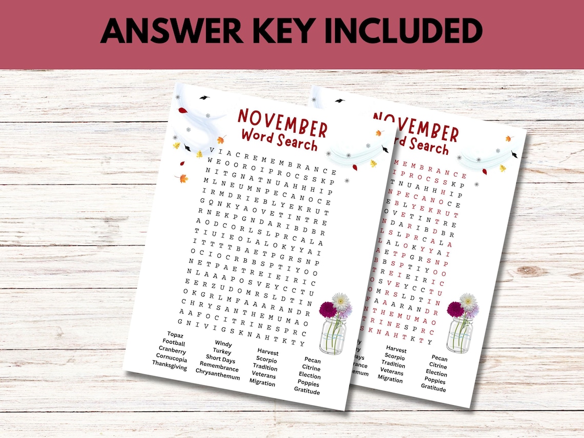 November Word Search, Autumn Word Find, Fall Printable Puzzle - Etsy
