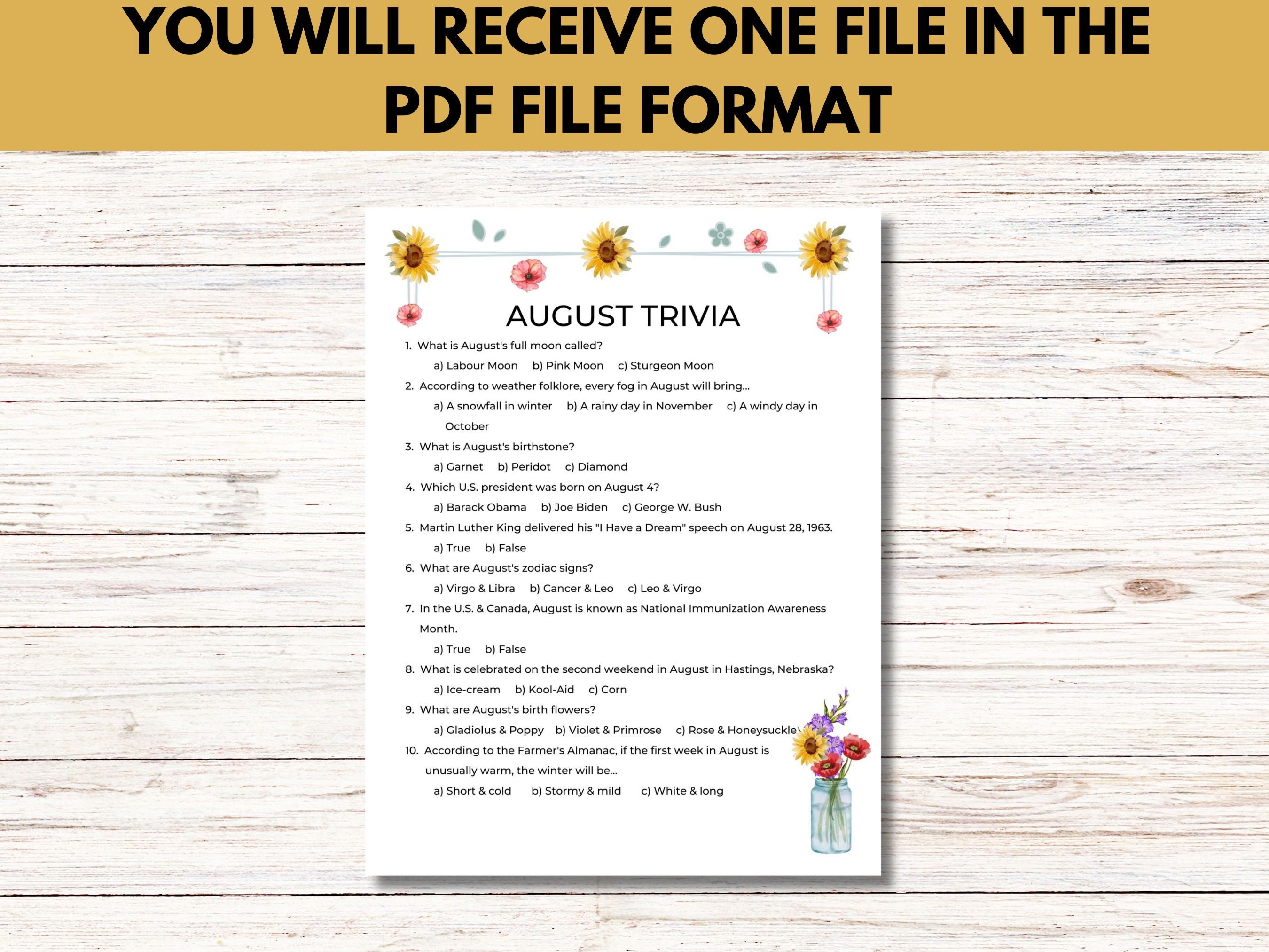 August Trivia Game Printable, Summer Puzzle, August Memorabilia - Etsy
