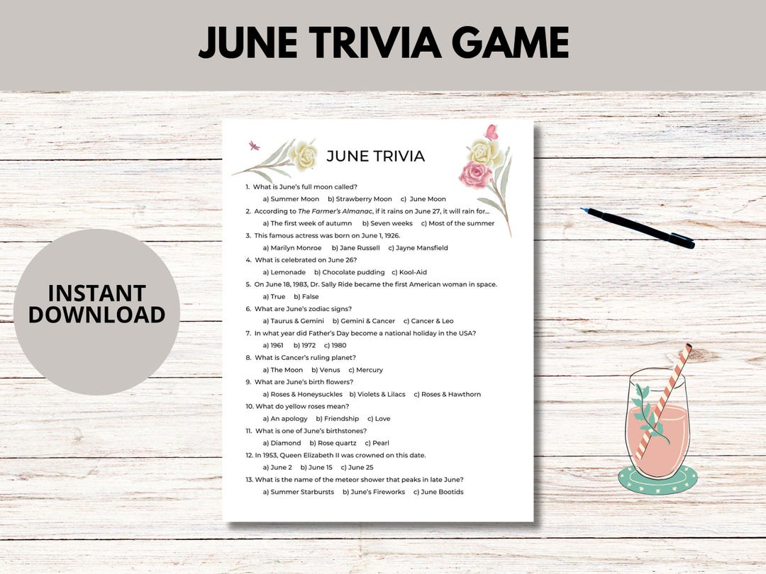 Printable June Trivia Game, Summer Party Quiz (digital Download) - Etsy