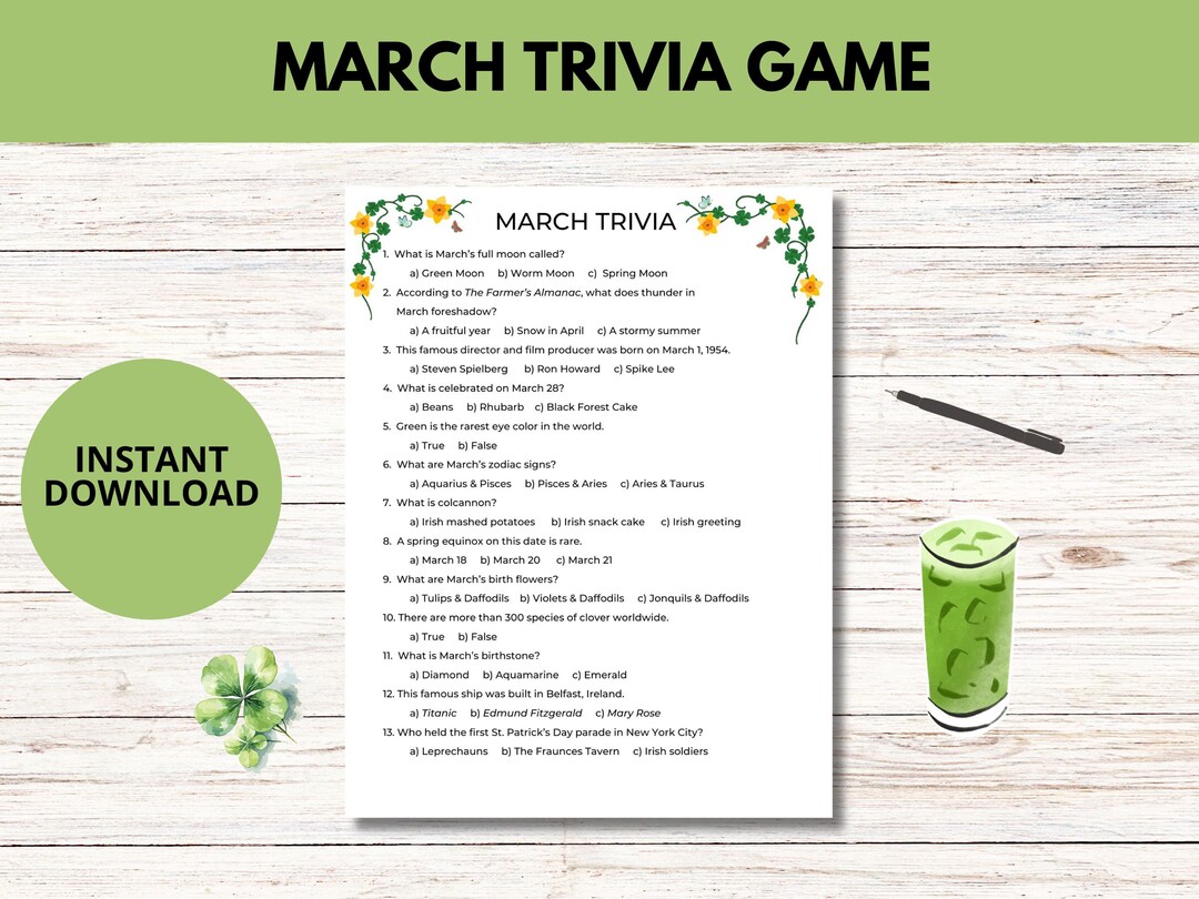 Printable March Trivia Game, Spring Trivia PDF, St. Patrick's Day ...