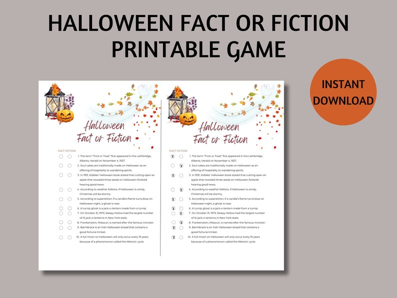 Halloween Fact or Fiction Printable Game, Autumn Games, Fall Home ...