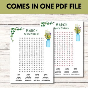March Word Search Printable, Spring Word Find, Saint Patrick's Day Word ...