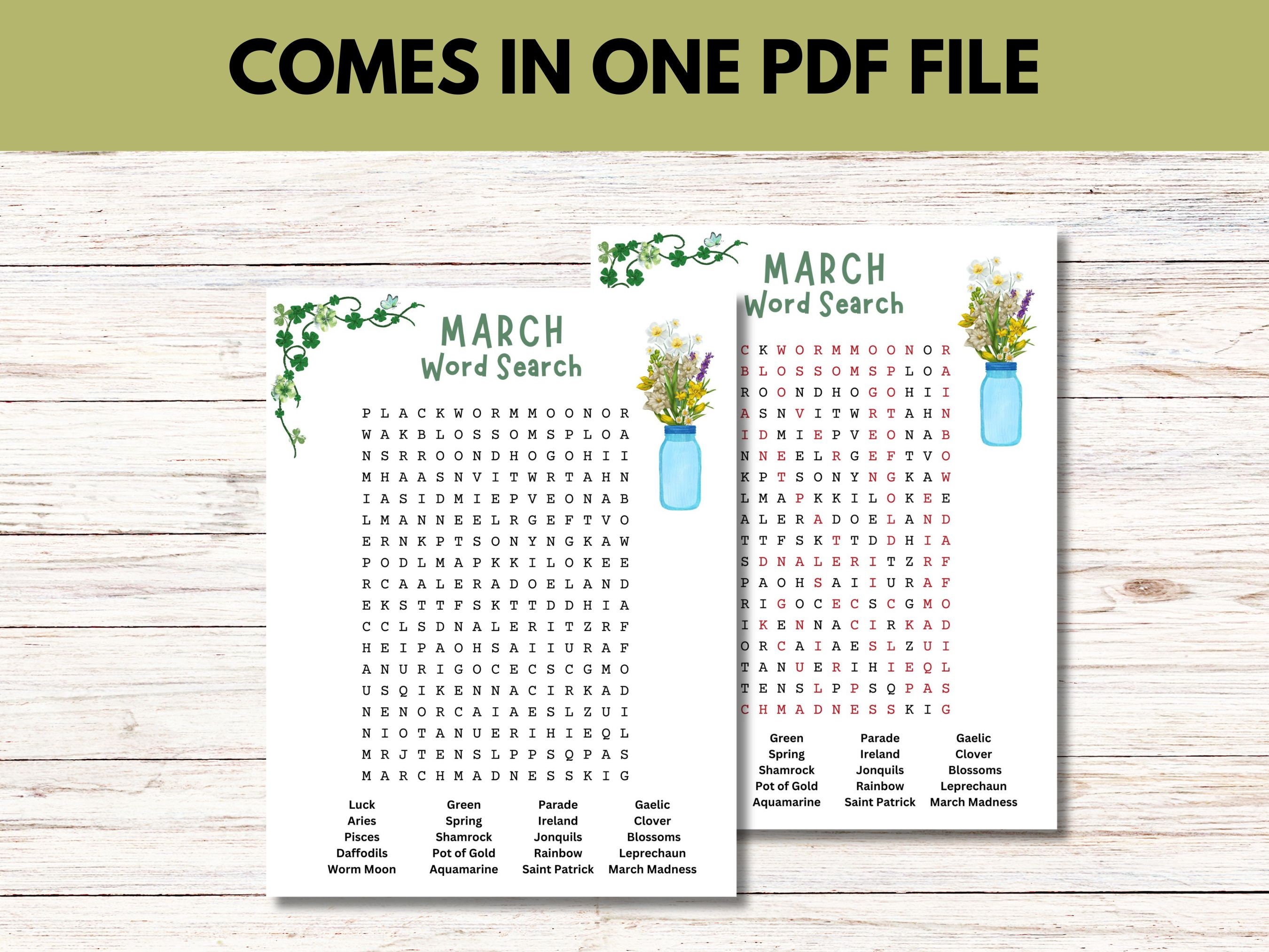 March Word Search Printable, Spring Word Find, Saint Patrick's Day Word ...
