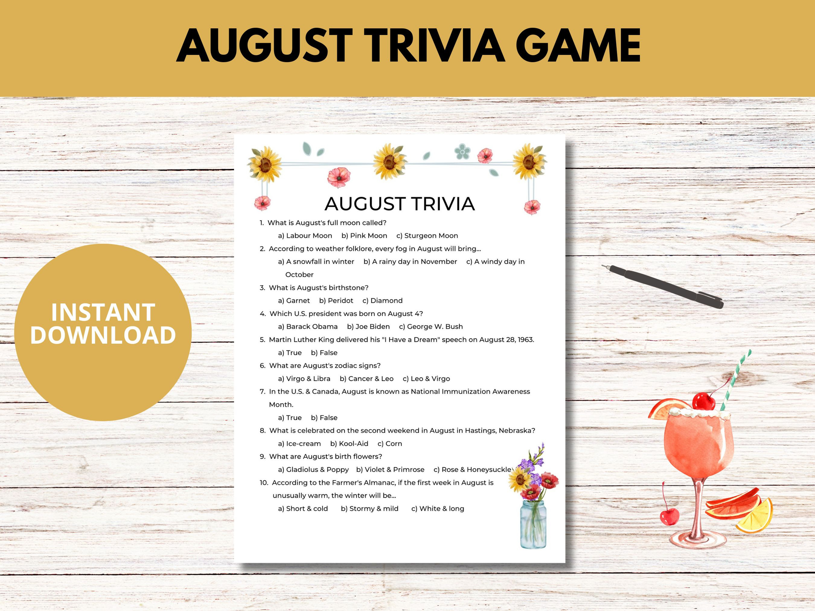 August Trivia Game Printable, Summer Puzzle, August Memorabilia - Etsy