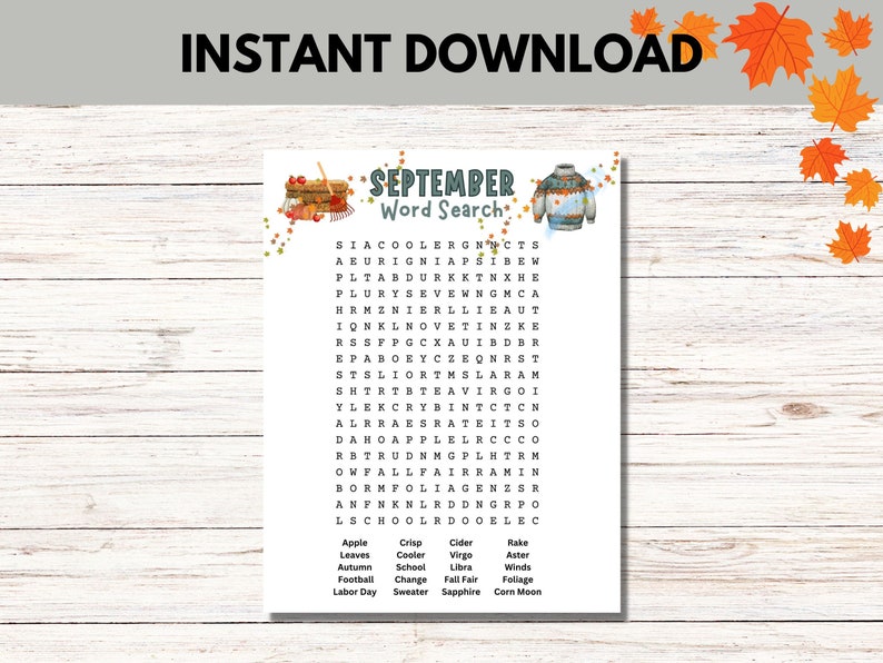September Word Search, Autumn Word Find, Printable Puzzle - Etsy