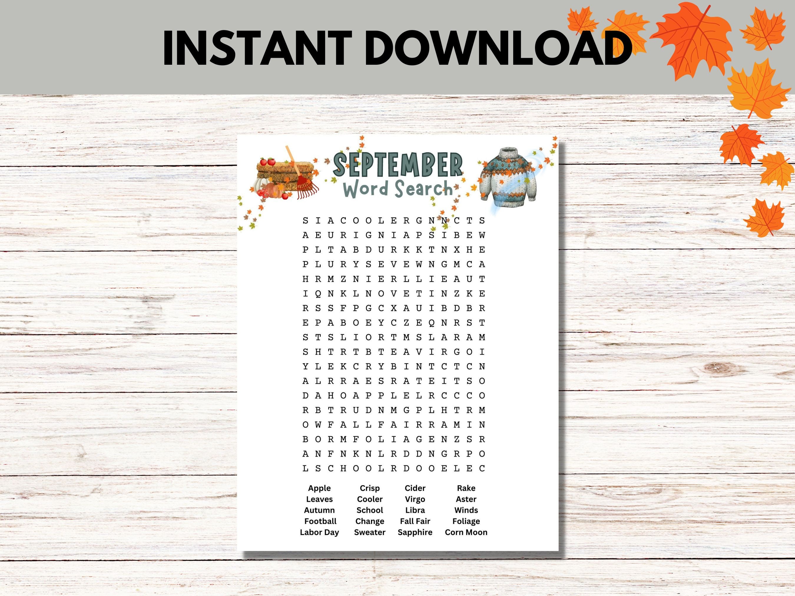 September Word Search, Autumn Word Find, Printable Puzzle - Etsy