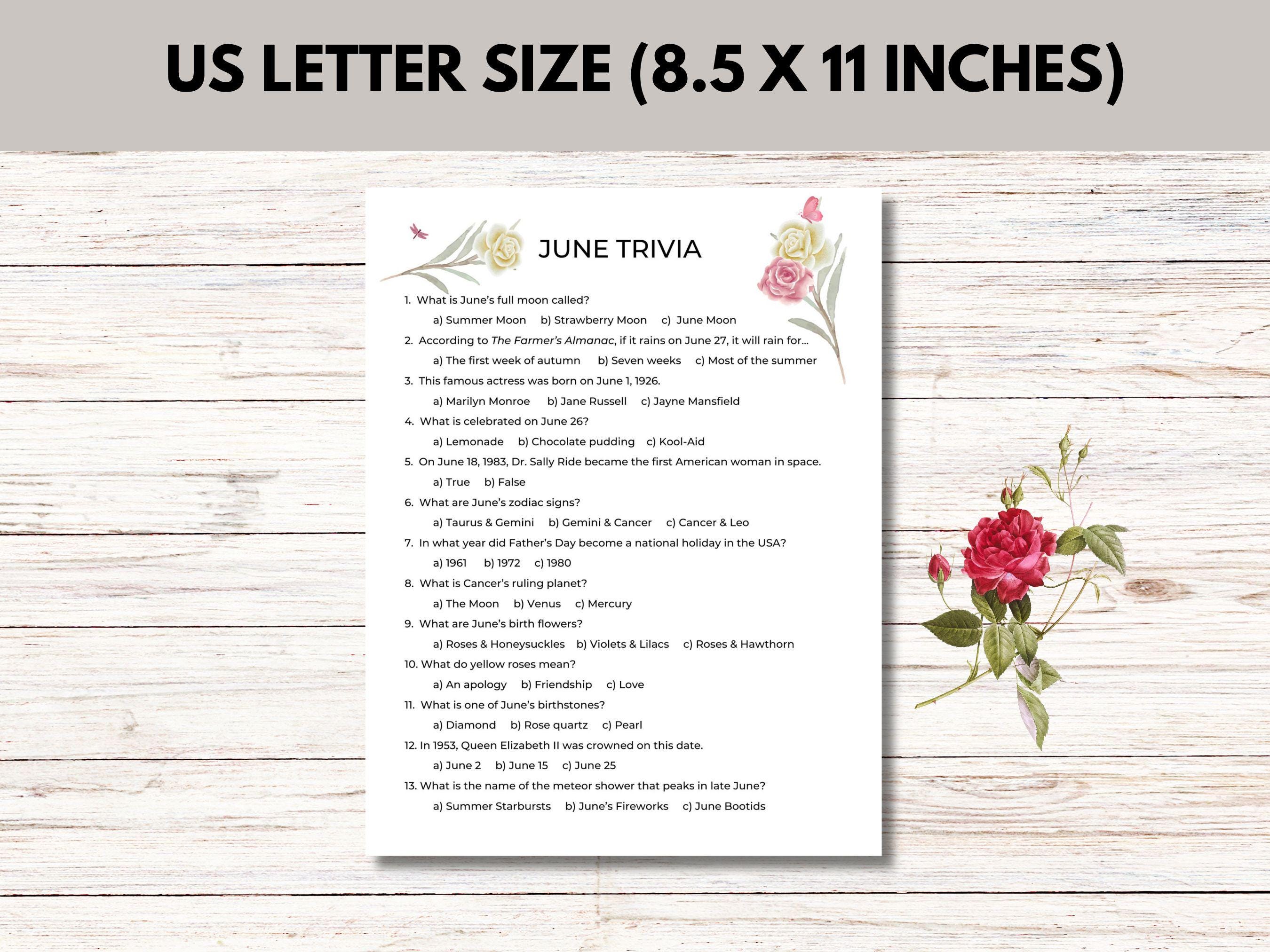Printable June Trivia Game, Summer Party Quiz (digital Download) - Etsy