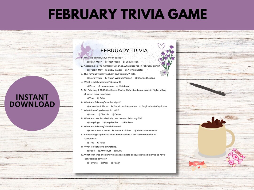 February Trivia Game Printable, Valentine's Day Activity (digital ...