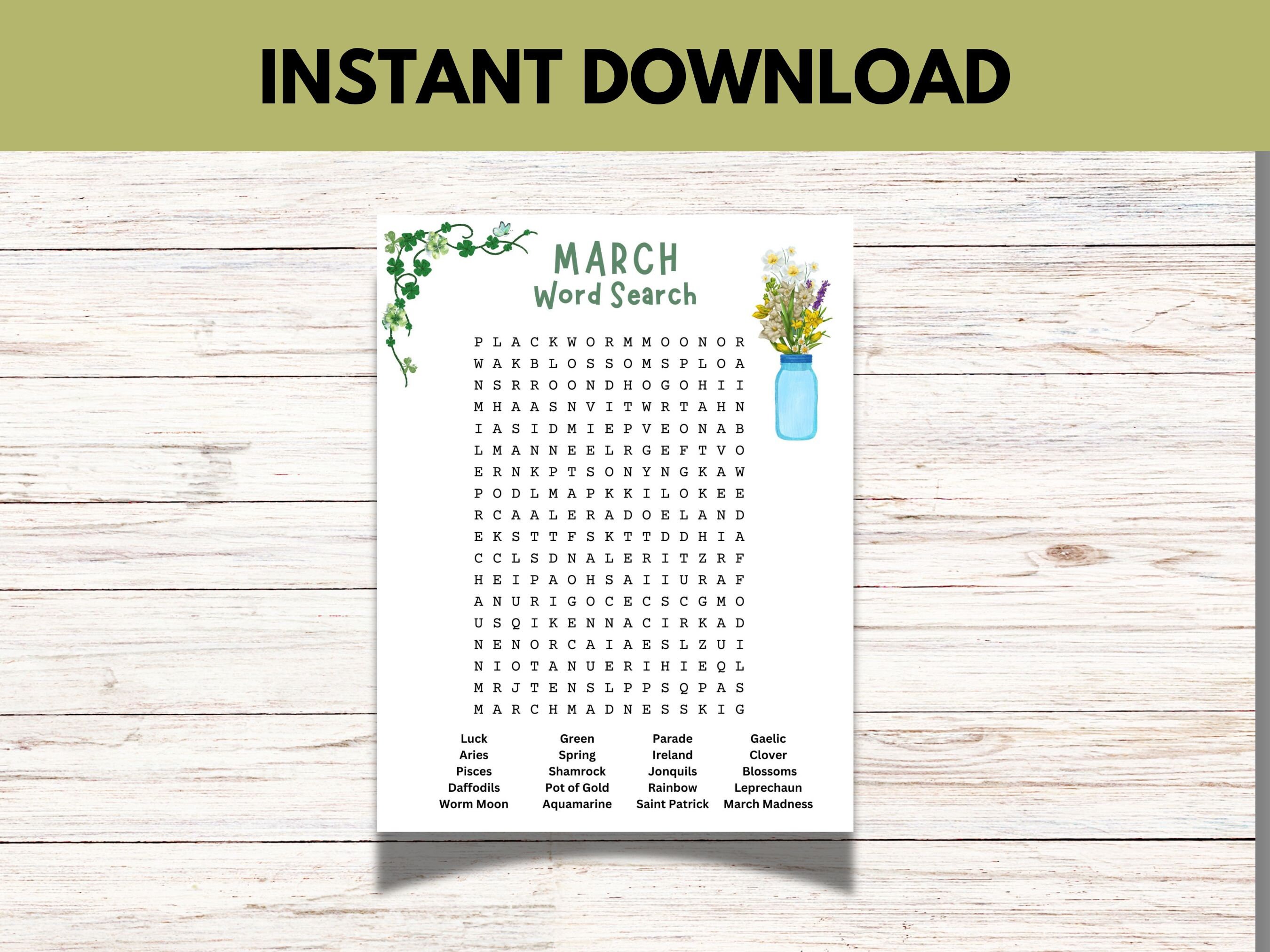 March Word Search Printable, Spring Word Find, Saint Patrick's Day Word ...