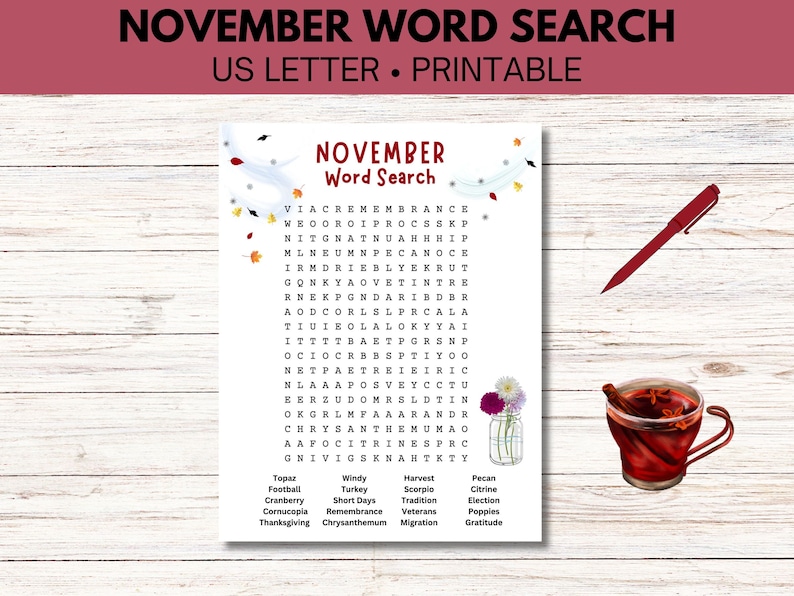 November Word Search, Autumn Word Find, Fall Printable Puzzle - Etsy