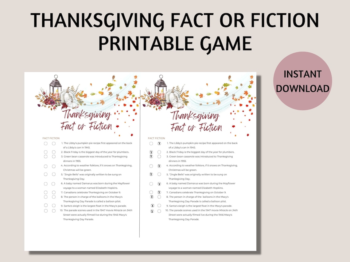 Thanksgiving Fact or Fiction Printable Game, Autumn Game, Thanksgiving ...
