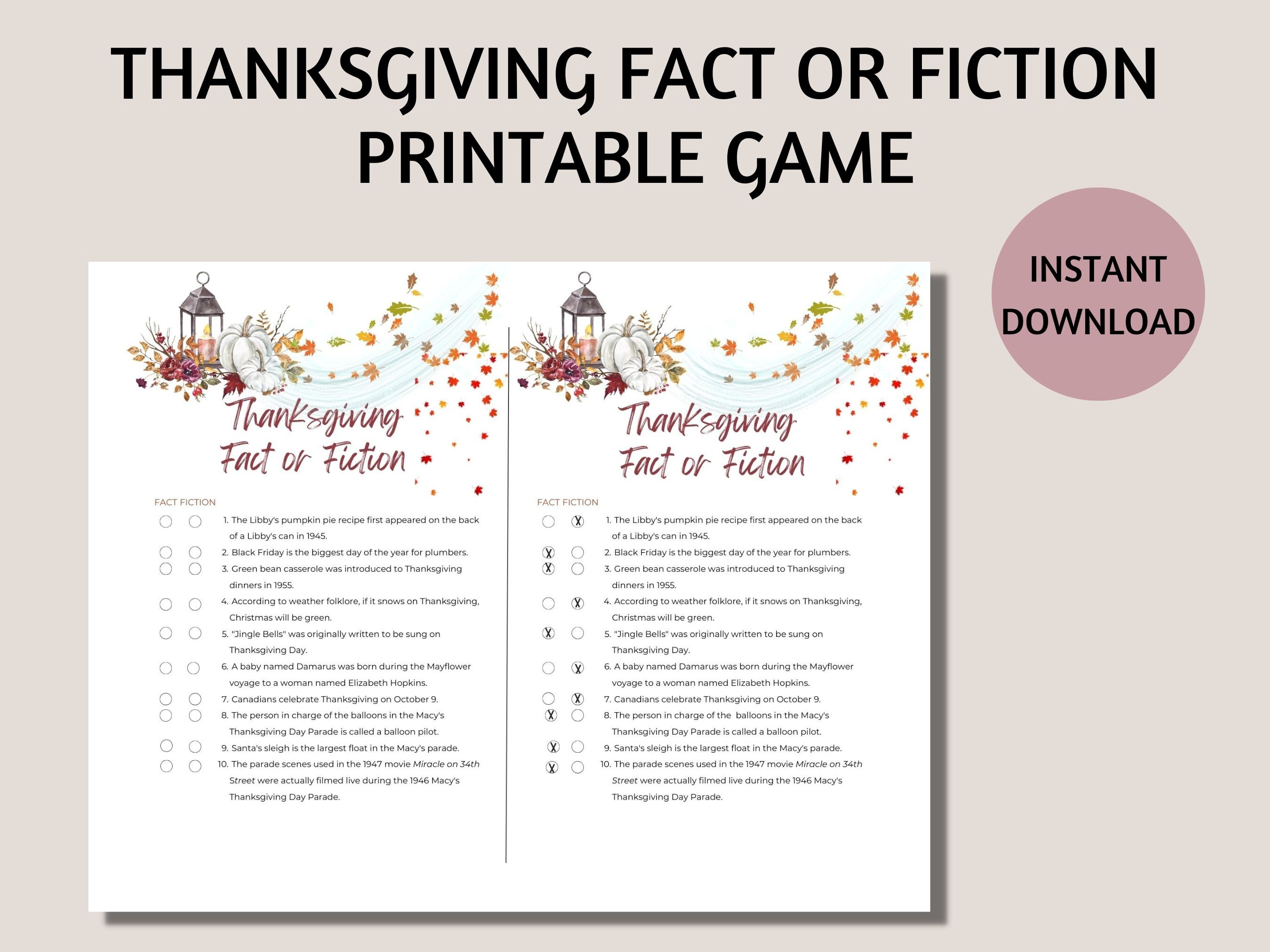 Thanksgiving Fact or Fiction Printable Game, Autumn Game, Thanksgiving ...