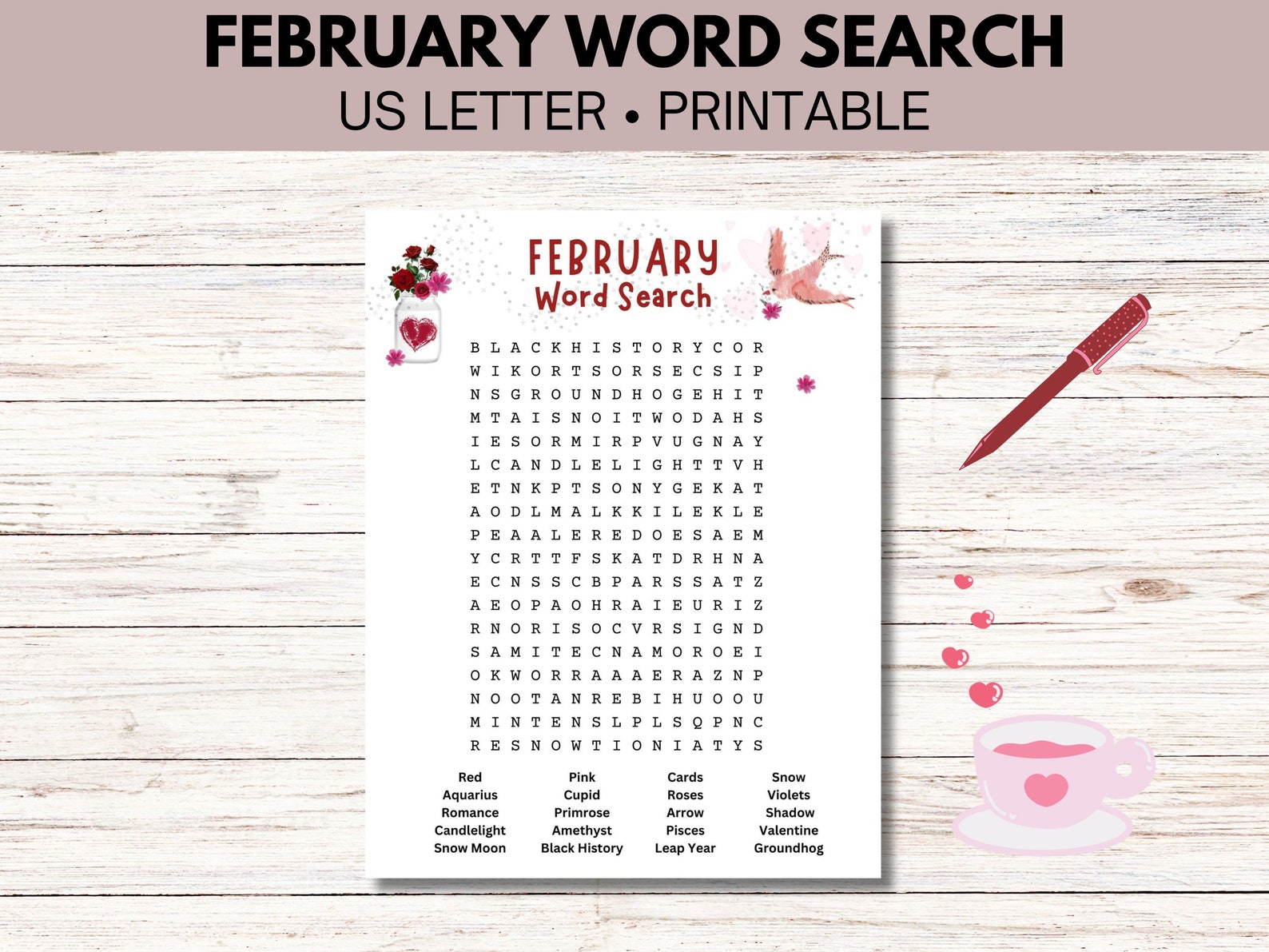 February Word Search Printable, Winter Word Find, Valentine's Day Word ...