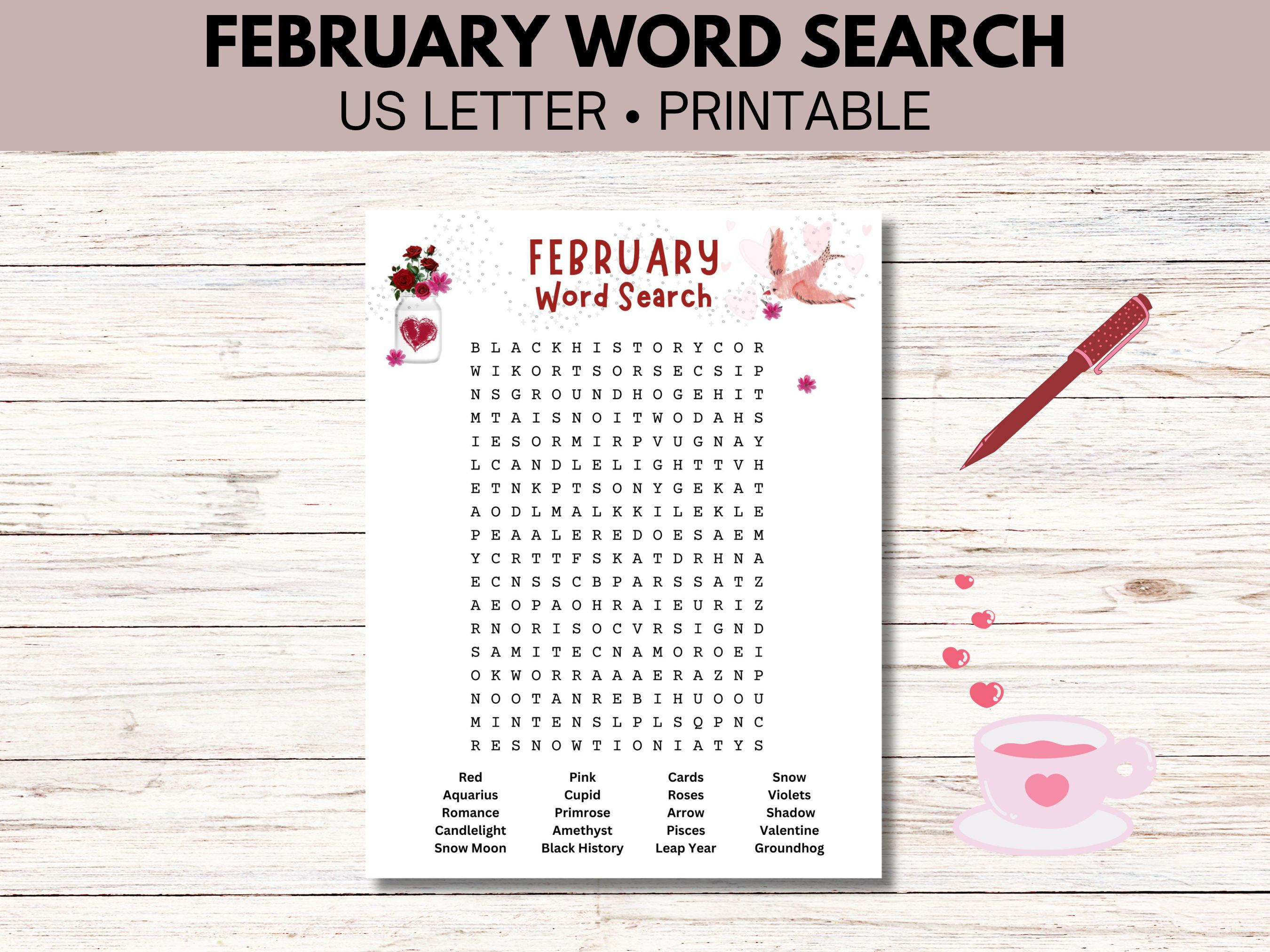 February Word Search Printable, Winter Word Find, Valentine's Day Word ...