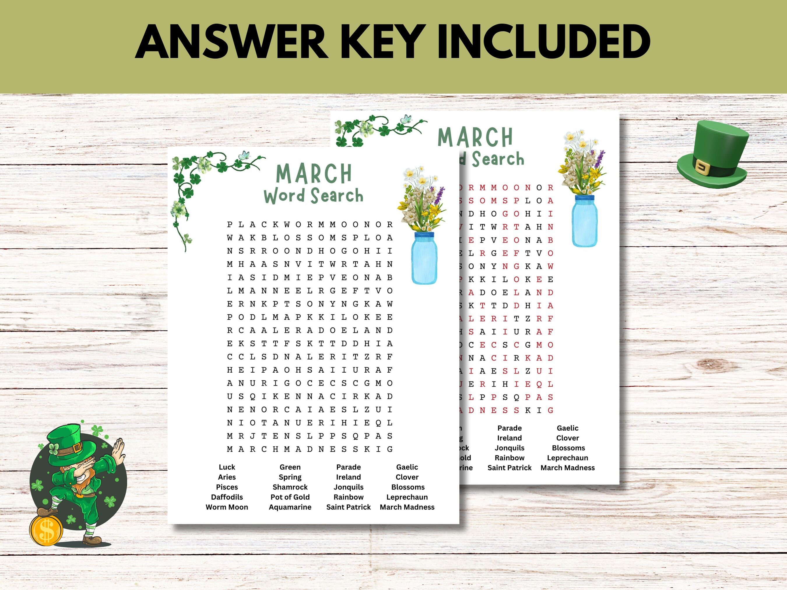 March Word Search Printable, Spring Word Find, Saint Patrick's Day Word ...