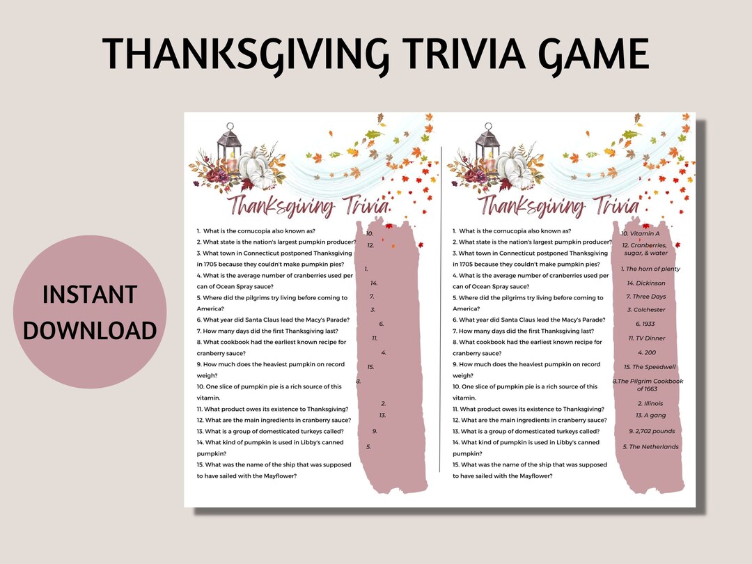 Thanksgiving Trivia Game Printable, Fall Party Entertainment, Festive ...