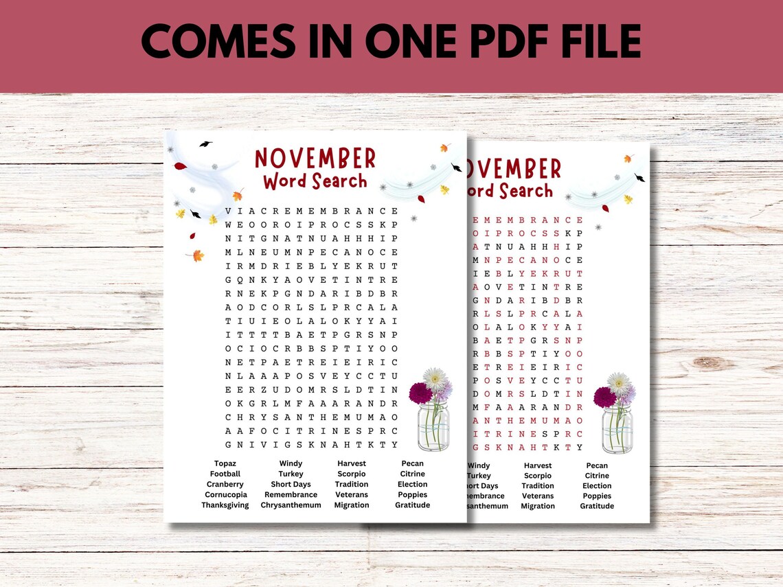 November Word Search, Autumn Word Find, Fall Printable Puzzle - Etsy