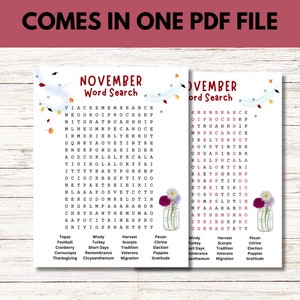 November Word Search, Autumn Word Find, Fall Printable Puzzle - Etsy