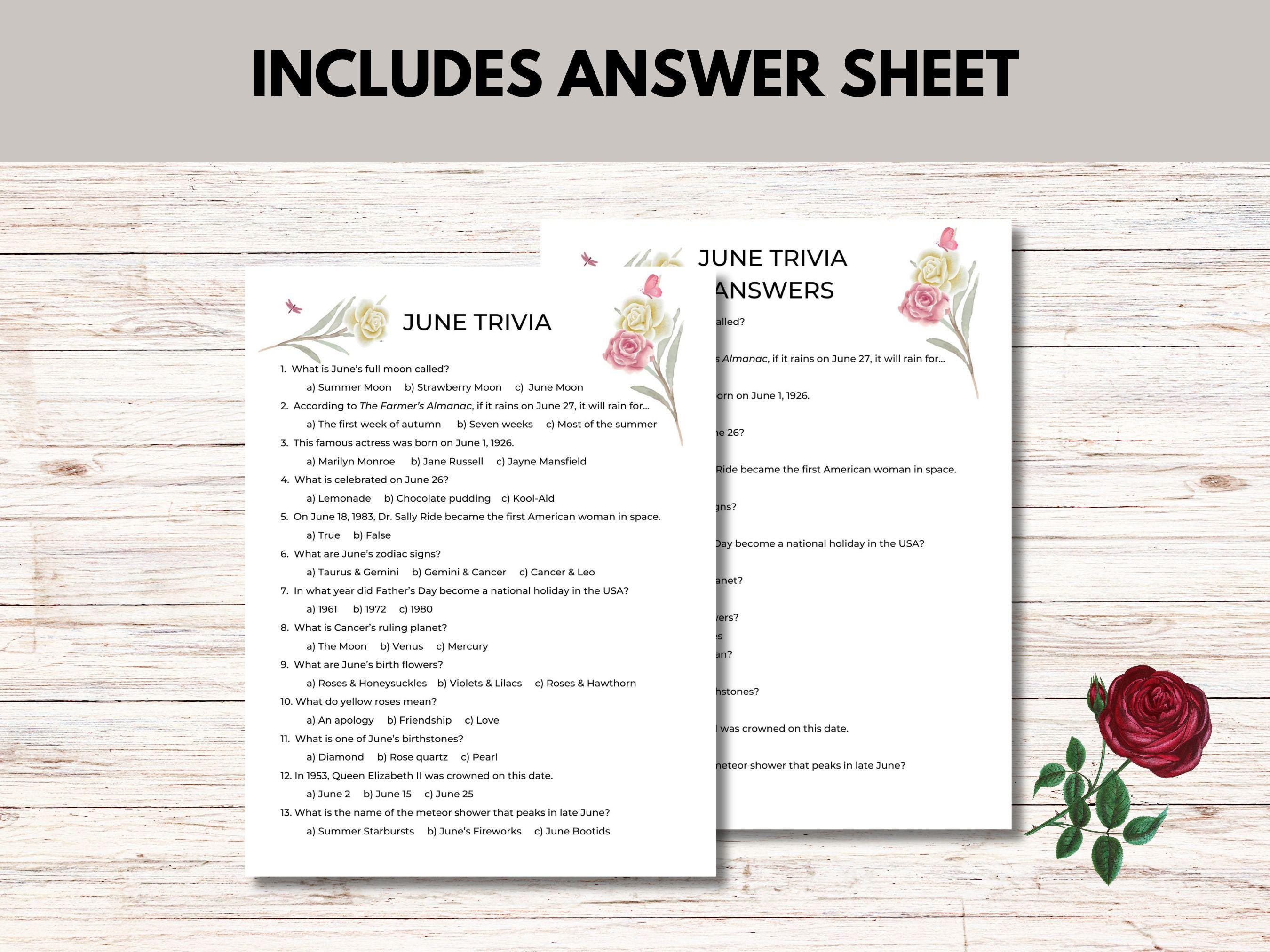 Printable June Trivia Game, Summer Party Quiz (digital Download) - Etsy