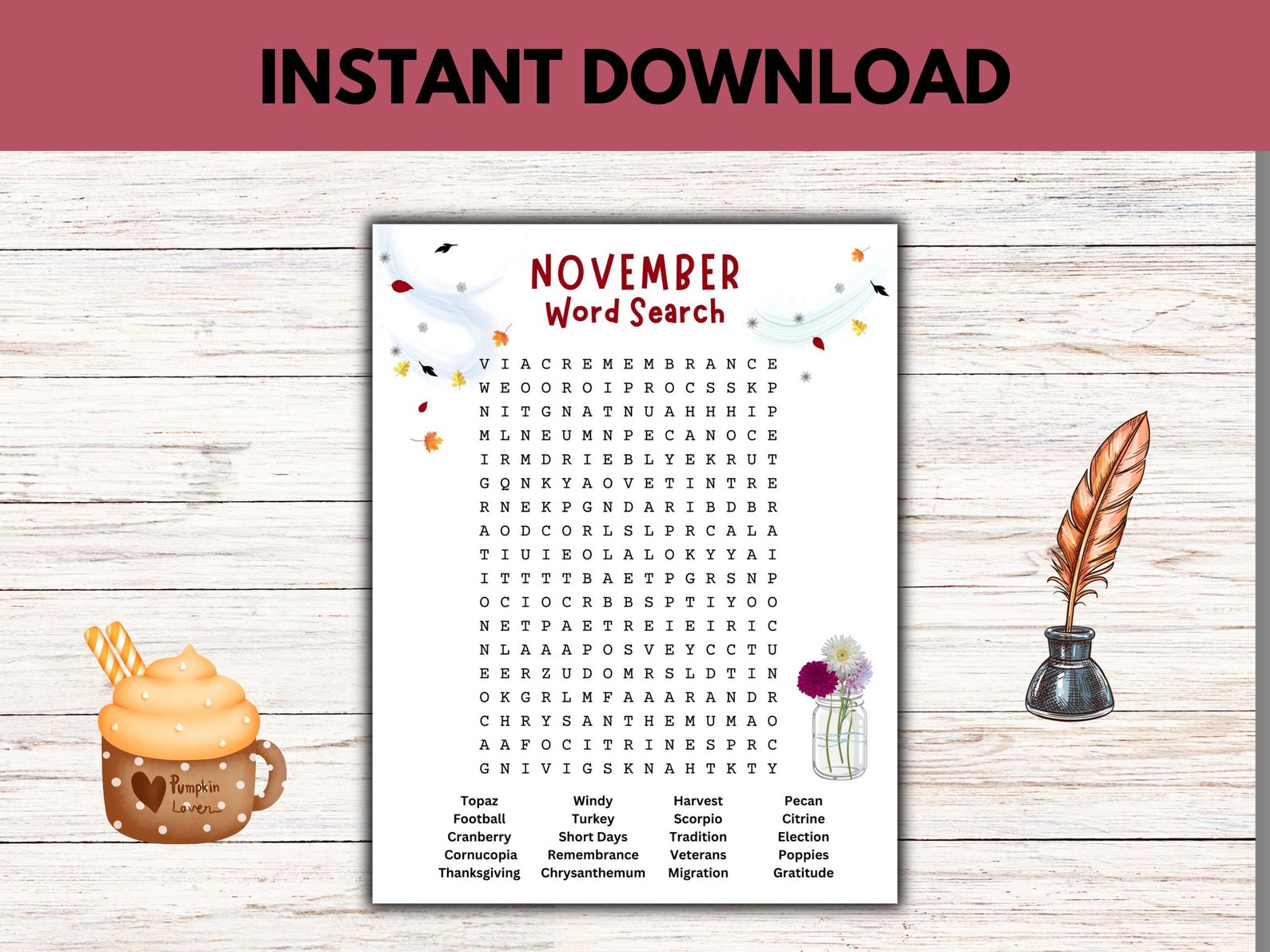 November Word Search, Autumn Word Find, Fall Printable Puzzle - Etsy