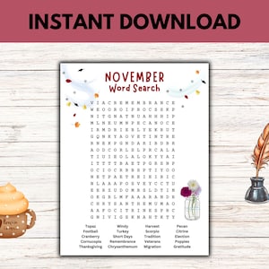 November Word Search, Autumn Word Find, Fall Printable Puzzle - Etsy