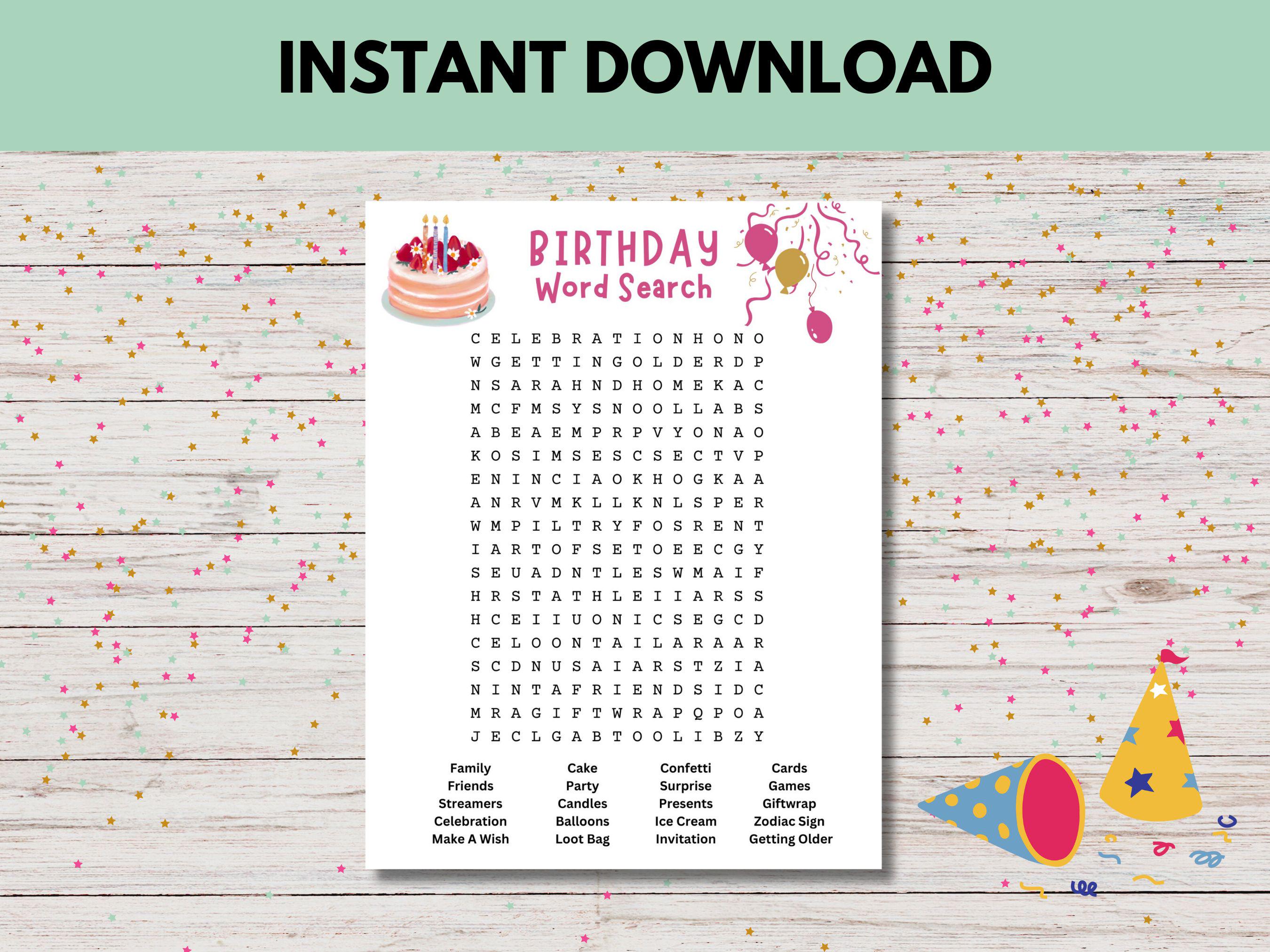 Printable Birthday Word Search, Birthday Puzzle for Kids & Adults ...