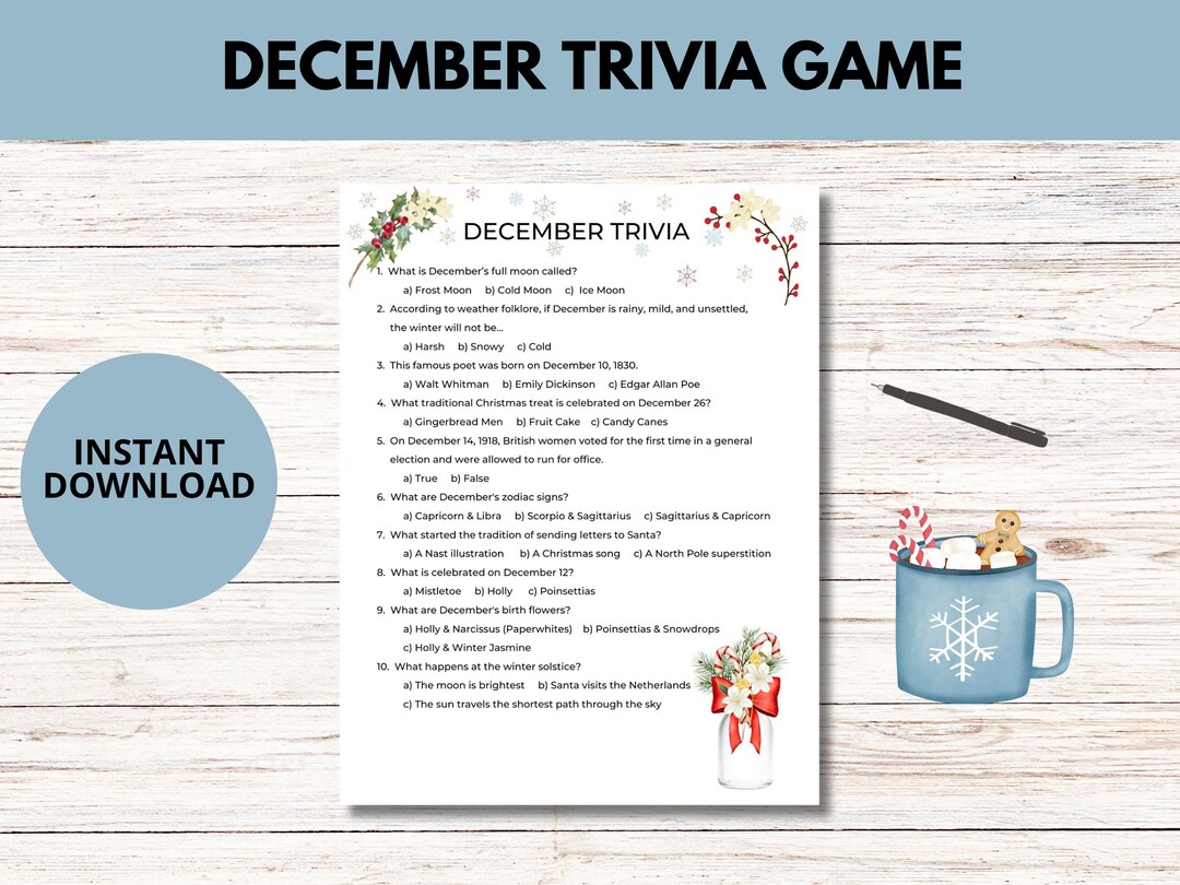 December Trivia Game Printable, Christmas Nostalgia Game, Winter ...