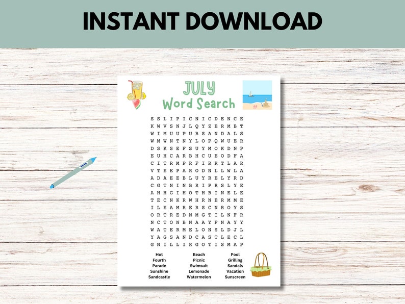 July Word Search, July Classroom Activity, Summer Word Search Puzzle - Etsy