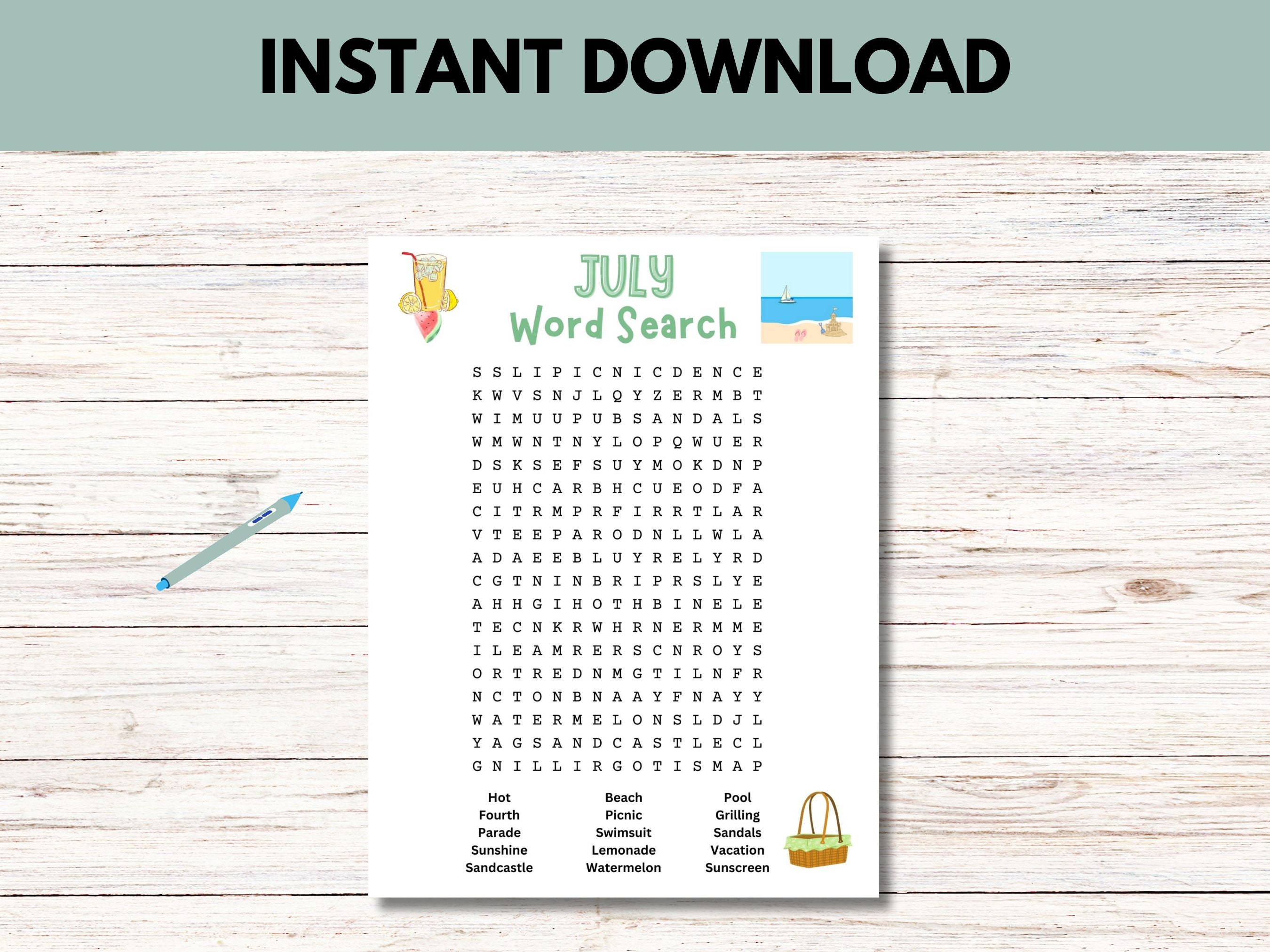 July Word Search, July Classroom Activity, Summer Word Search Puzzle - Etsy