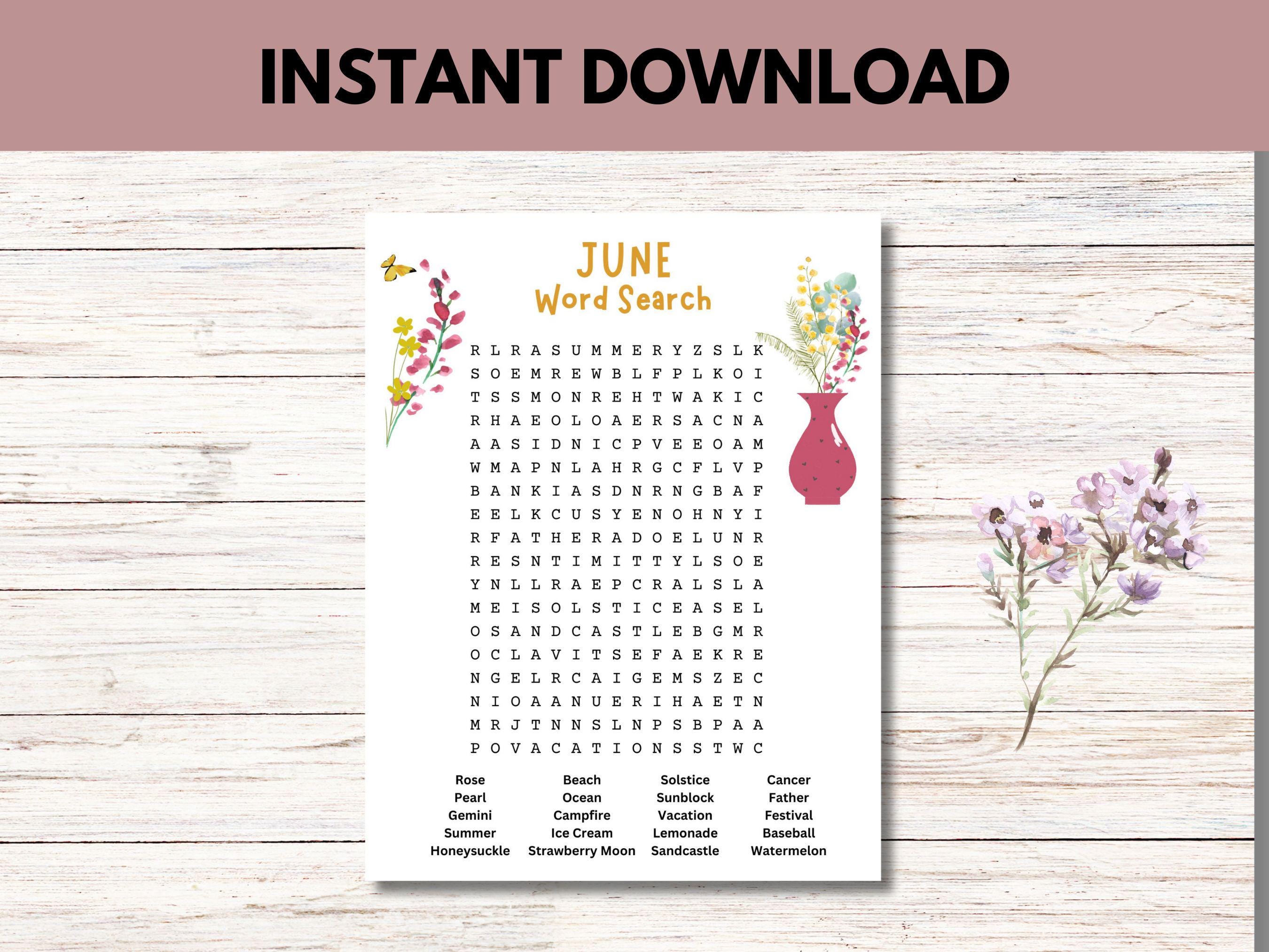 June Word Search Printable, Summer Classroom Activity (PDF) - Etsy