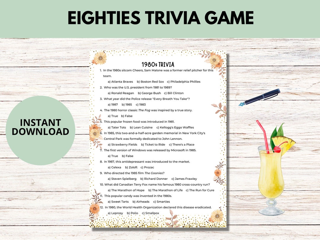 Eighties Trivia Game Printable, 1980s Memorabilia, 80s Nostalgia, PDF ...