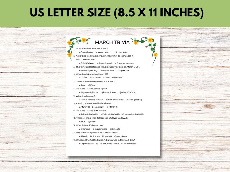 Printable March Trivia Game, Spring Trivia PDF, St. Patrick's Day ...