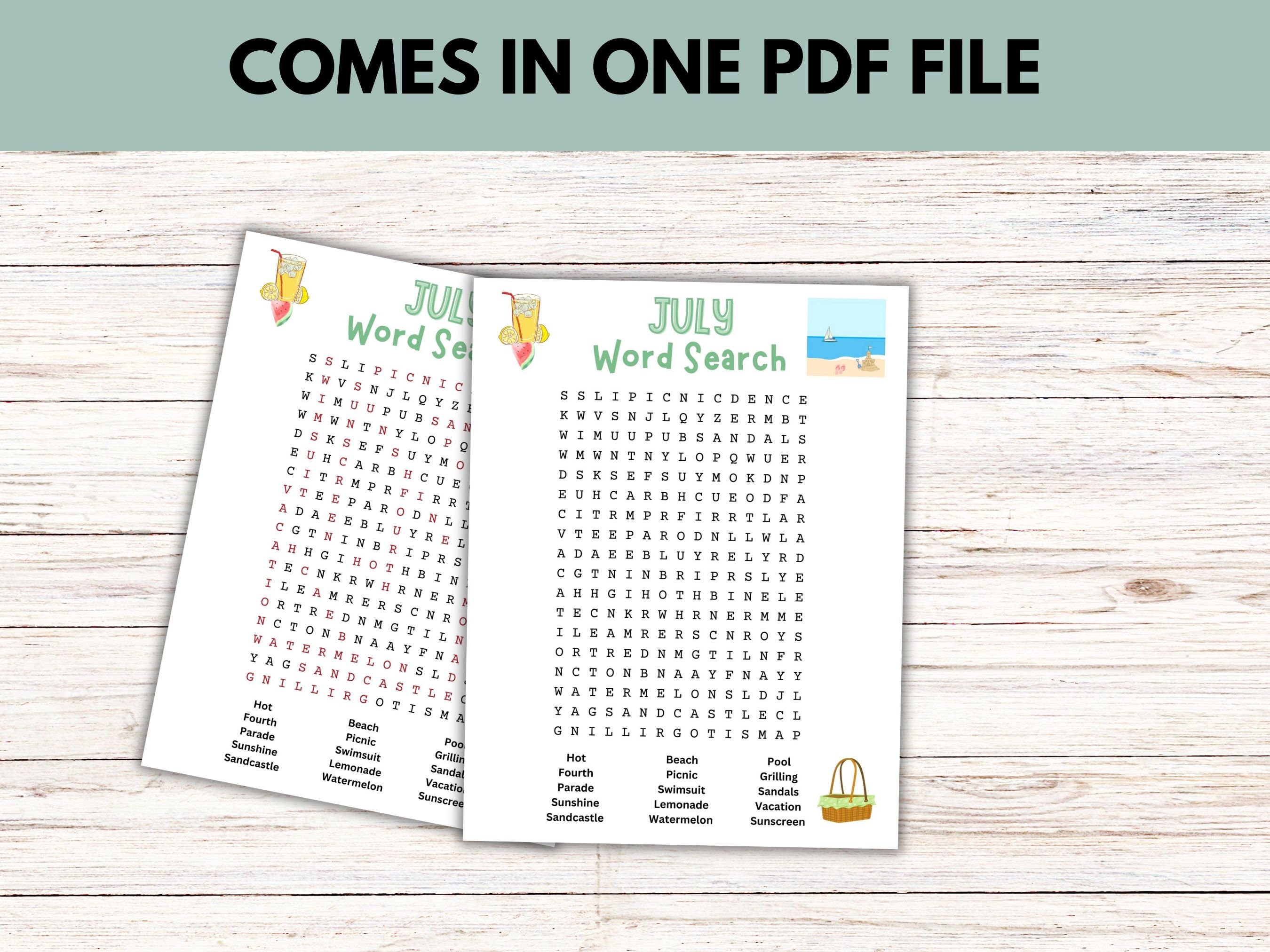 July Word Search, July Classroom Activity, Summer Word Search Puzzle - Etsy