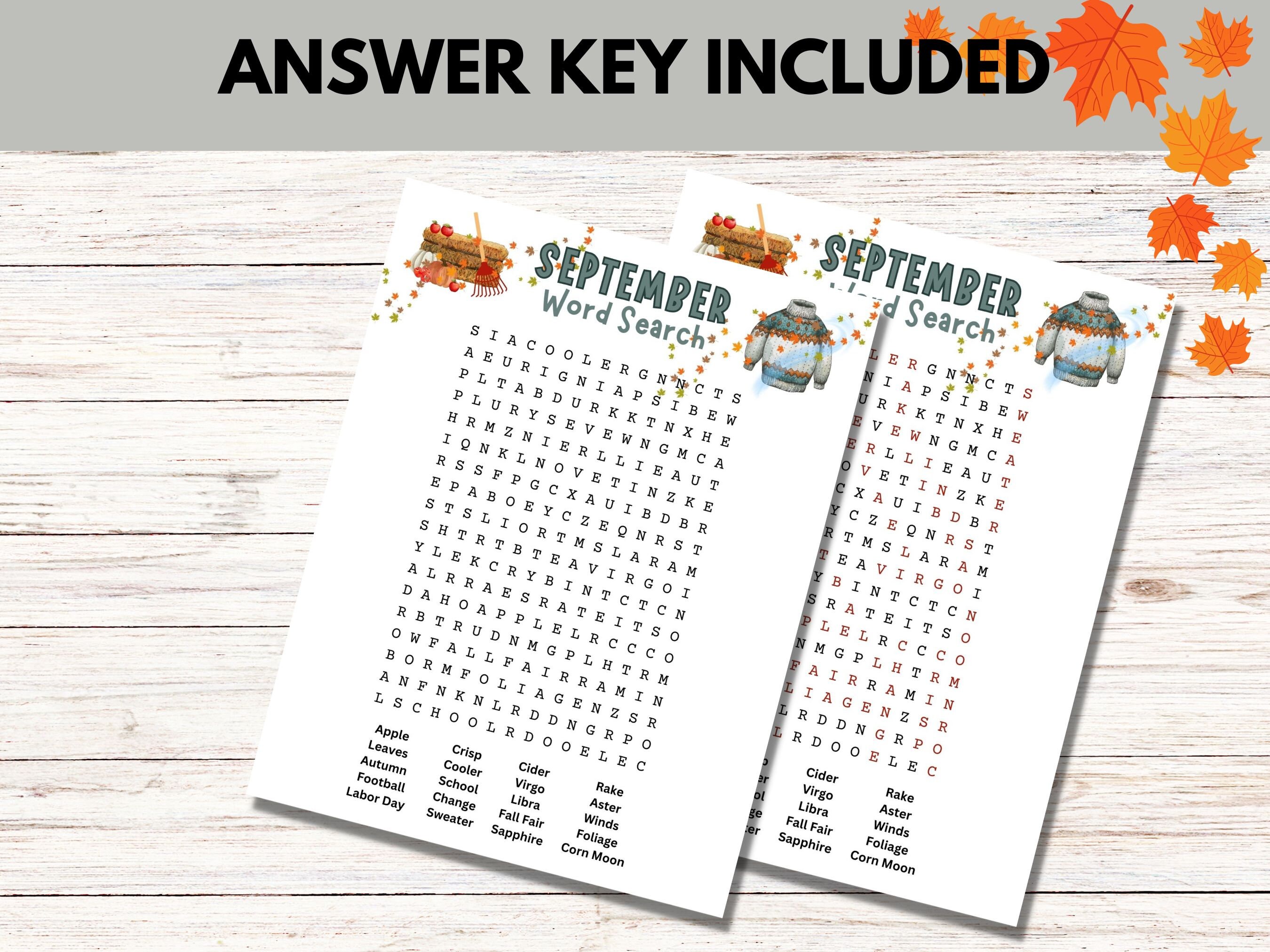 September Word Search, Autumn Word Find, Printable Puzzle - Etsy