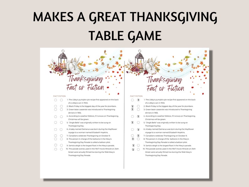 Thanksgiving Fact or Fiction Printable Game, Autumn Game, Thanksgiving ...