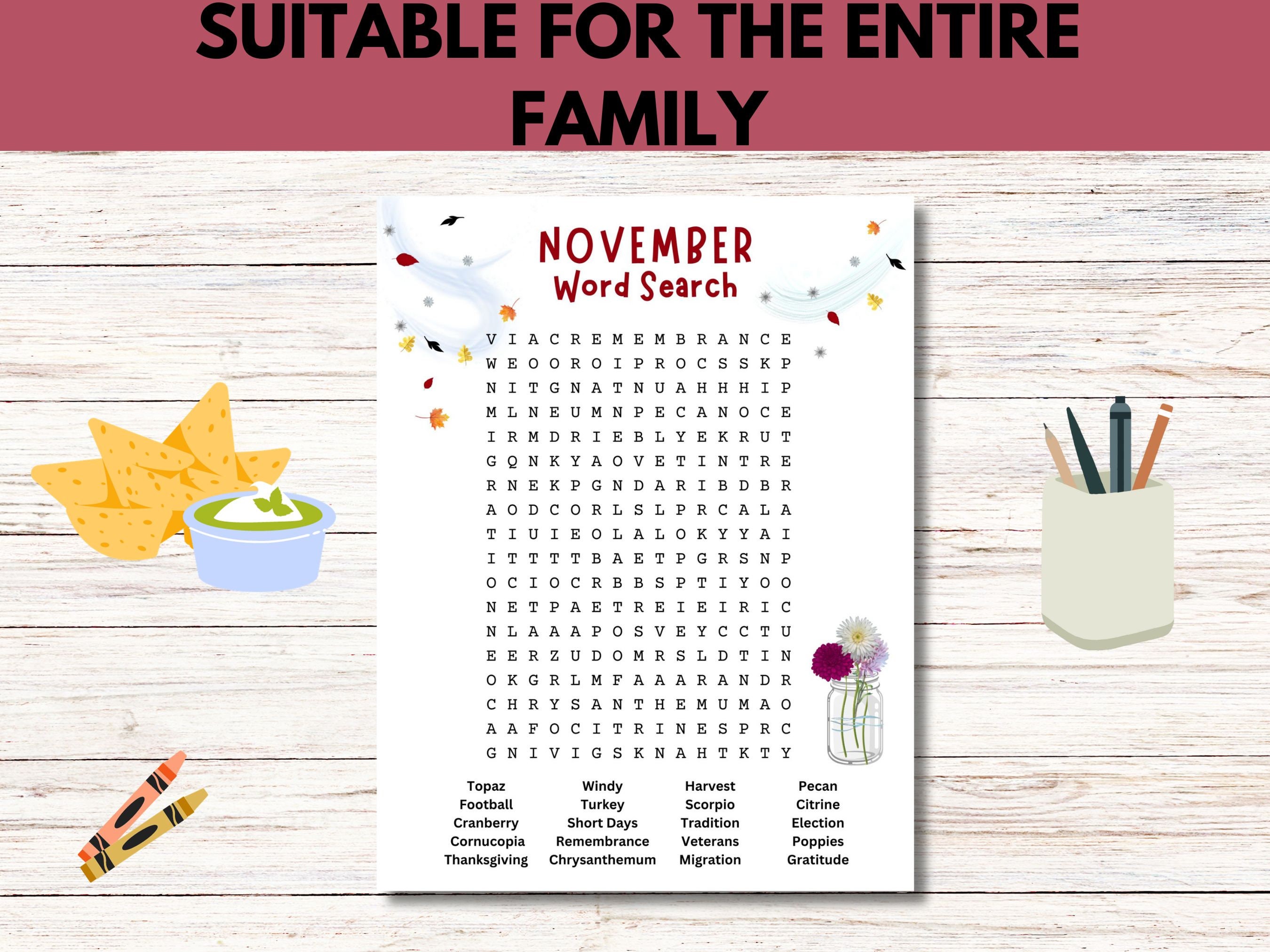 November Word Search, Autumn Word Find, Fall Printable Puzzle - Etsy