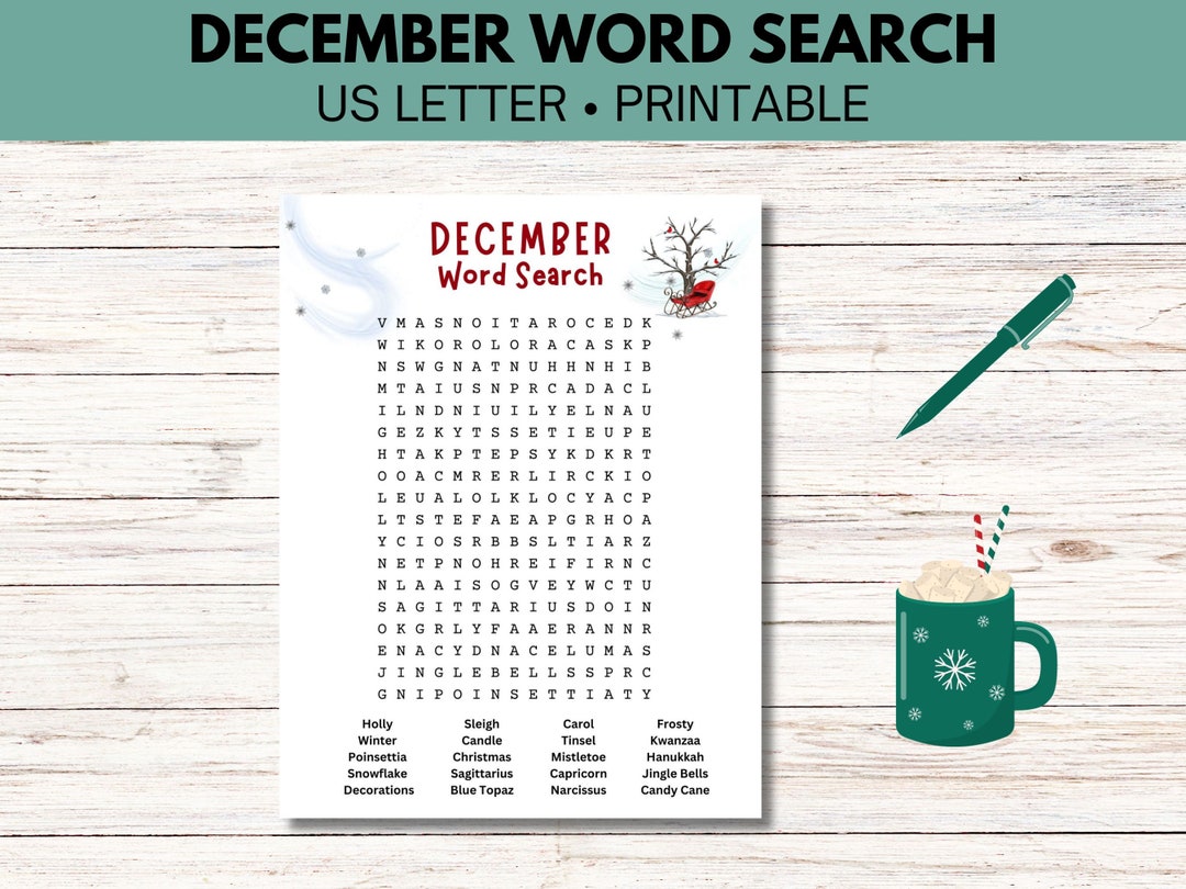 December Word Search Printable, Festive Word Hunt, Winter Word Activity ...