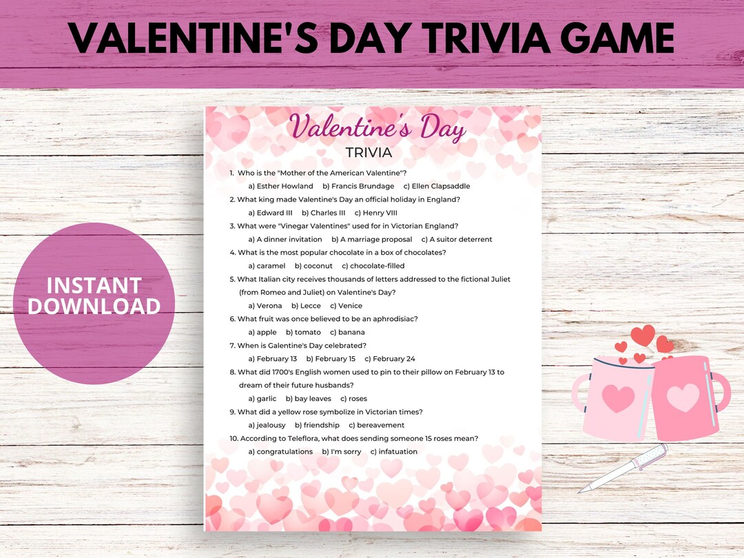 Valentines Day Trivia Game Printable Valentines Fun Activity For