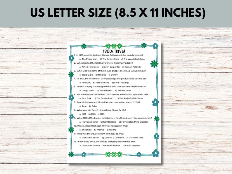 Sixties Trivia Game Printable, 1960s Nostalgia, Sixties Memorabilia - Etsy