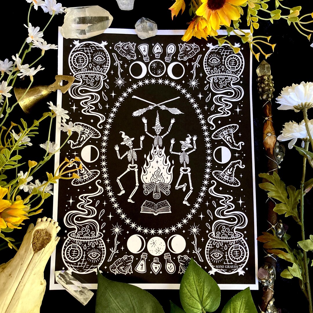 Skeleton Coven Bonfire Art Print: 8.5 in X 11 in Letter Size, Spooky ...