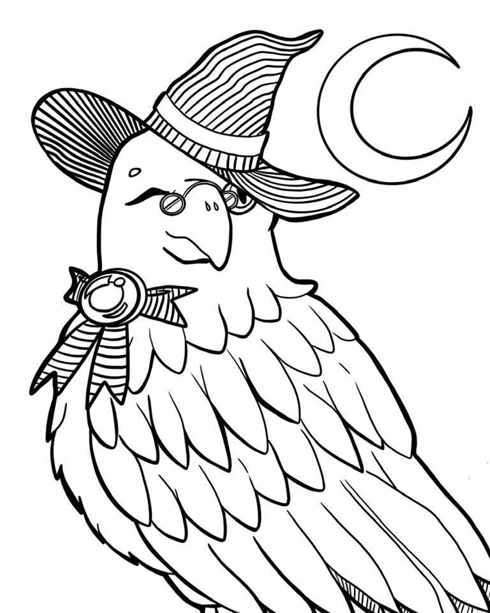 Kawaii Crow Wearing Witch Hat, Gothic Raven at Night Coloring Book ...