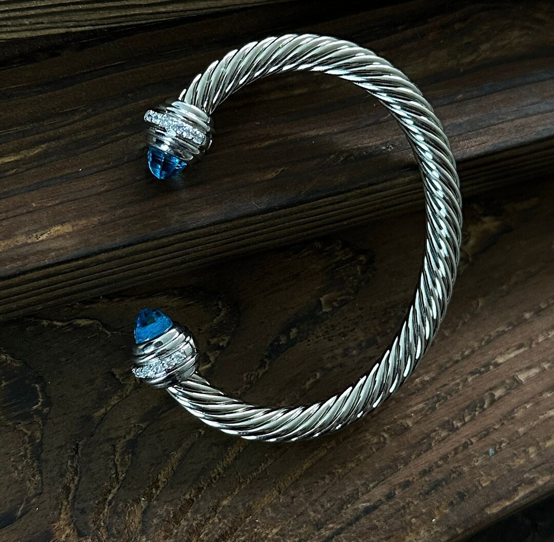 Blue Gemstone Viking Bangle, 7MM Silver Cable Bracelet, Gothic Bracelet ...