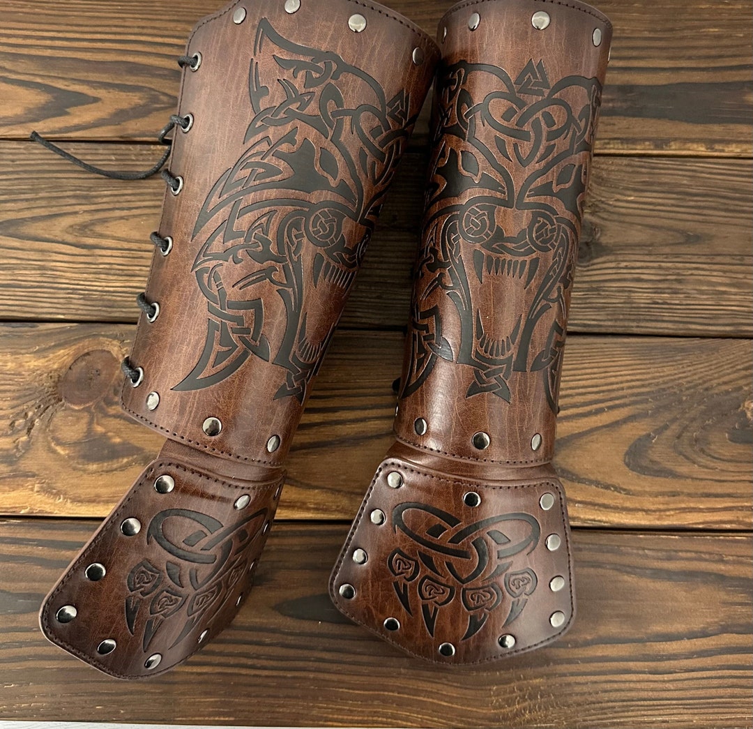 Nordic Viking Leather Armor, Wolf Head Pattern Leather Bracers, Brown ...