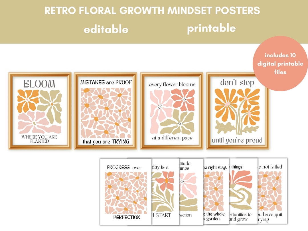 Set of 10 Retro Abstract Floral Muted Calming Growth Mindset Posters - Etsy