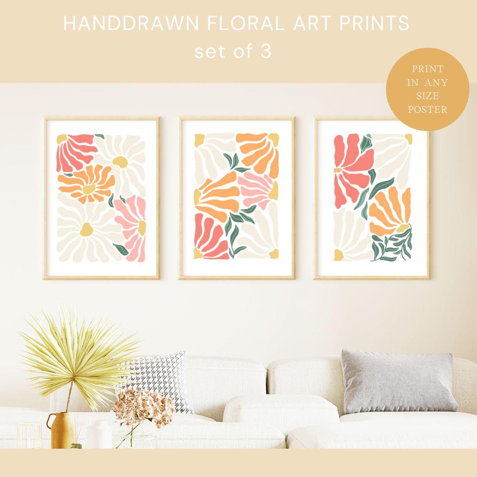 Handdrawn Abstract Floral Art Printable Set of 3 - Etsy
