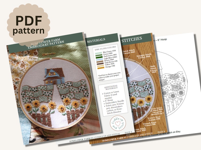 Homestead Garden - Hand Embroidery Pattern PDF - Instant Digital Download - Country Sunflower ...