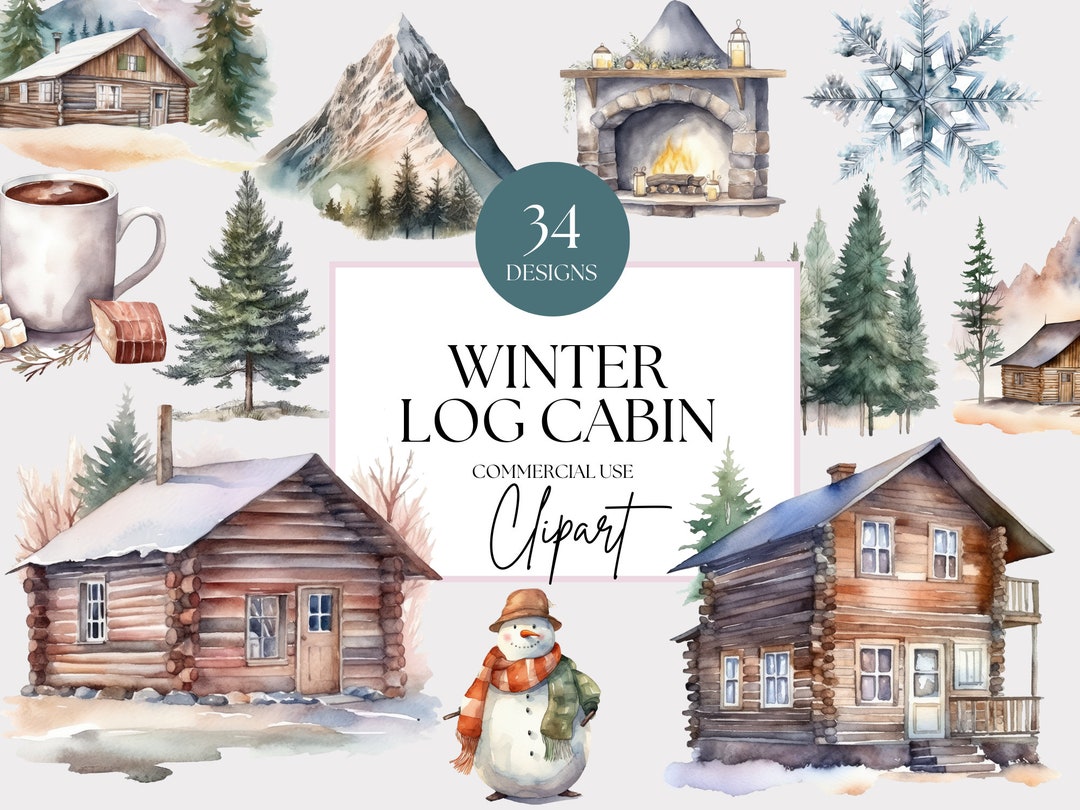 Winter Log Cabin Watercolor Clipart Bundle | Winter Woodland Clipart ...
