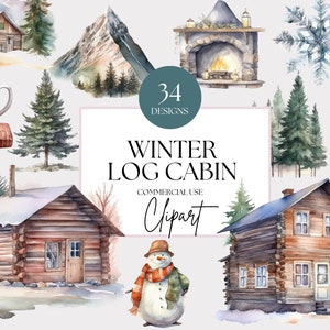 Winter Log Cabin Watercolor Clipart Bundle | Winter Woodland Clipart ...